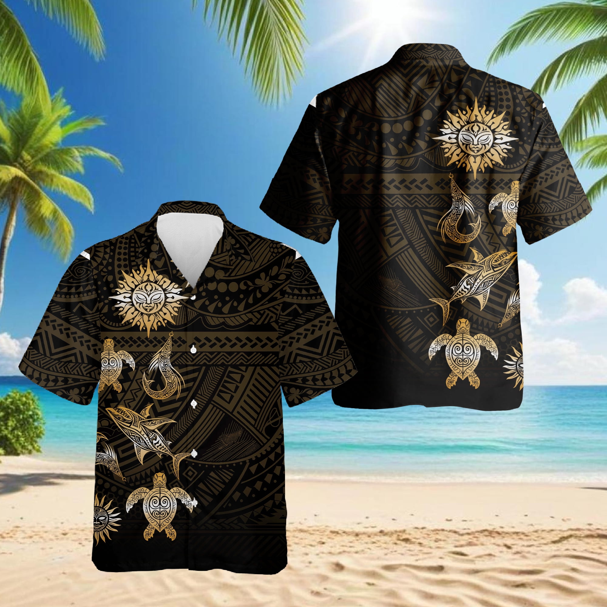 Vintage Polynesian Tribal Hawaiian Shirt for Men, Ocean Sea Turtle ...