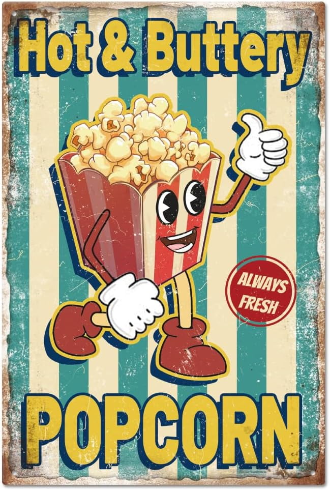 Vintage Popcorn Sign Hot Buttered Popcorn Tin Sign | Vintage Signs
