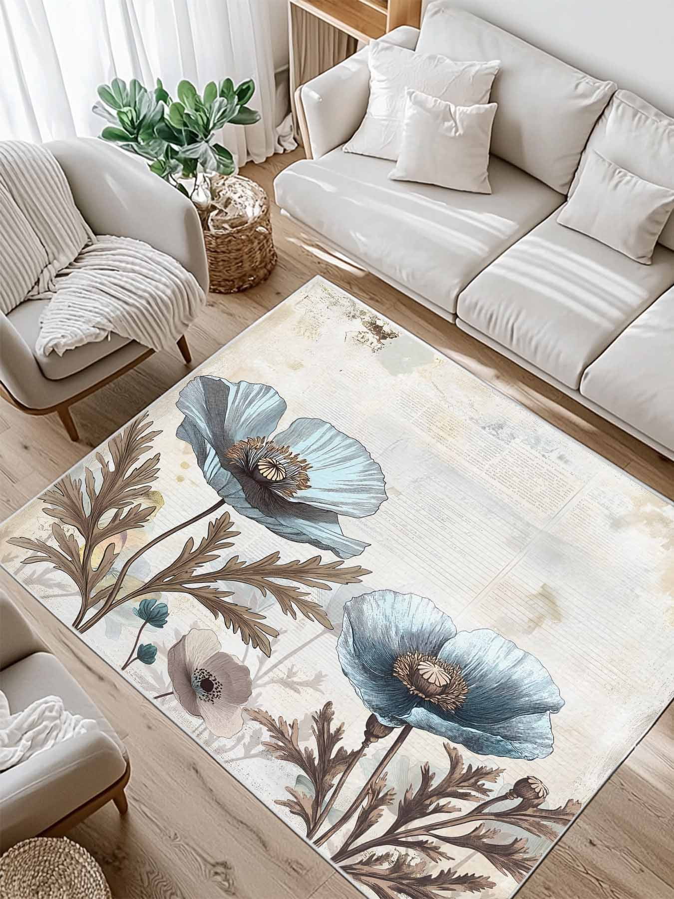 Vintage Poppy Area Rug for Bedroom 3x5 Ft Blue Flowers Plant Super Soft ...