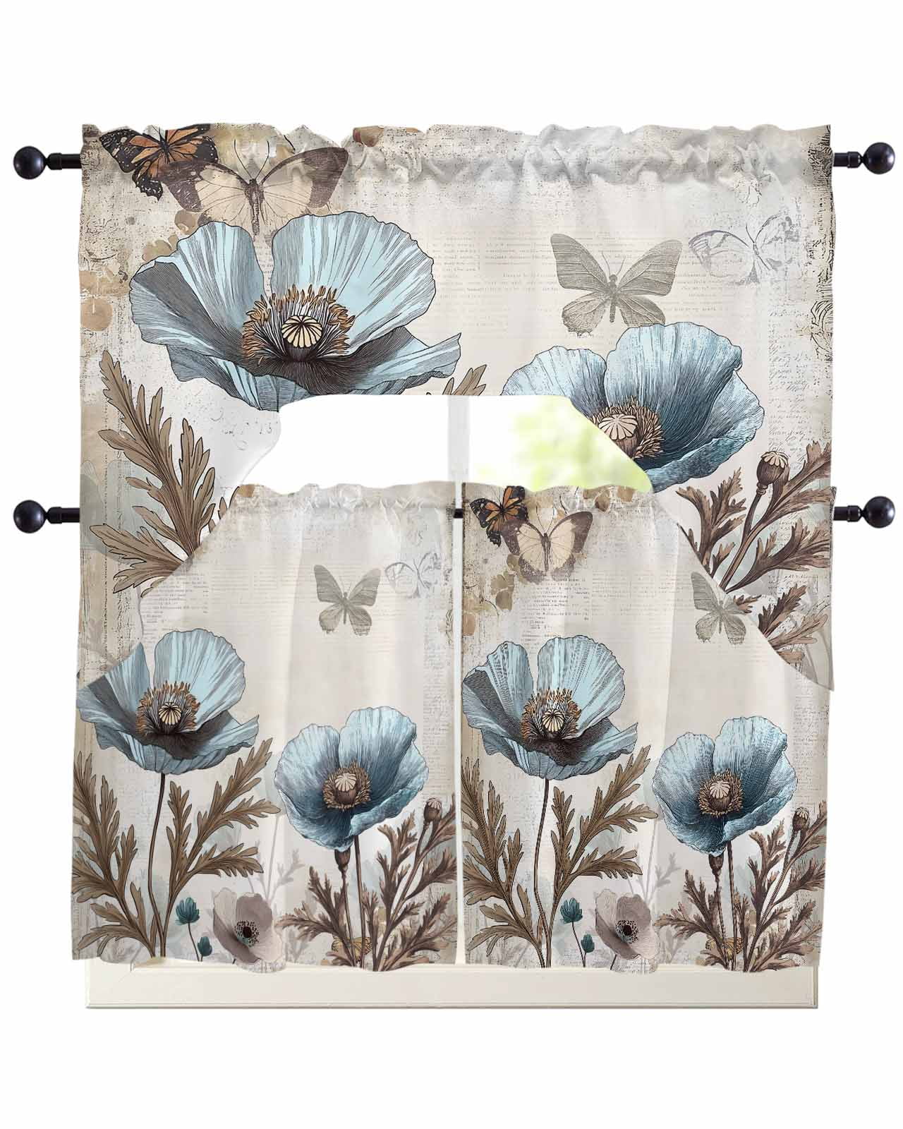 Vintage Poppy Butterfly Swag Valance and Tier Curtains Set Blue Flowers ...