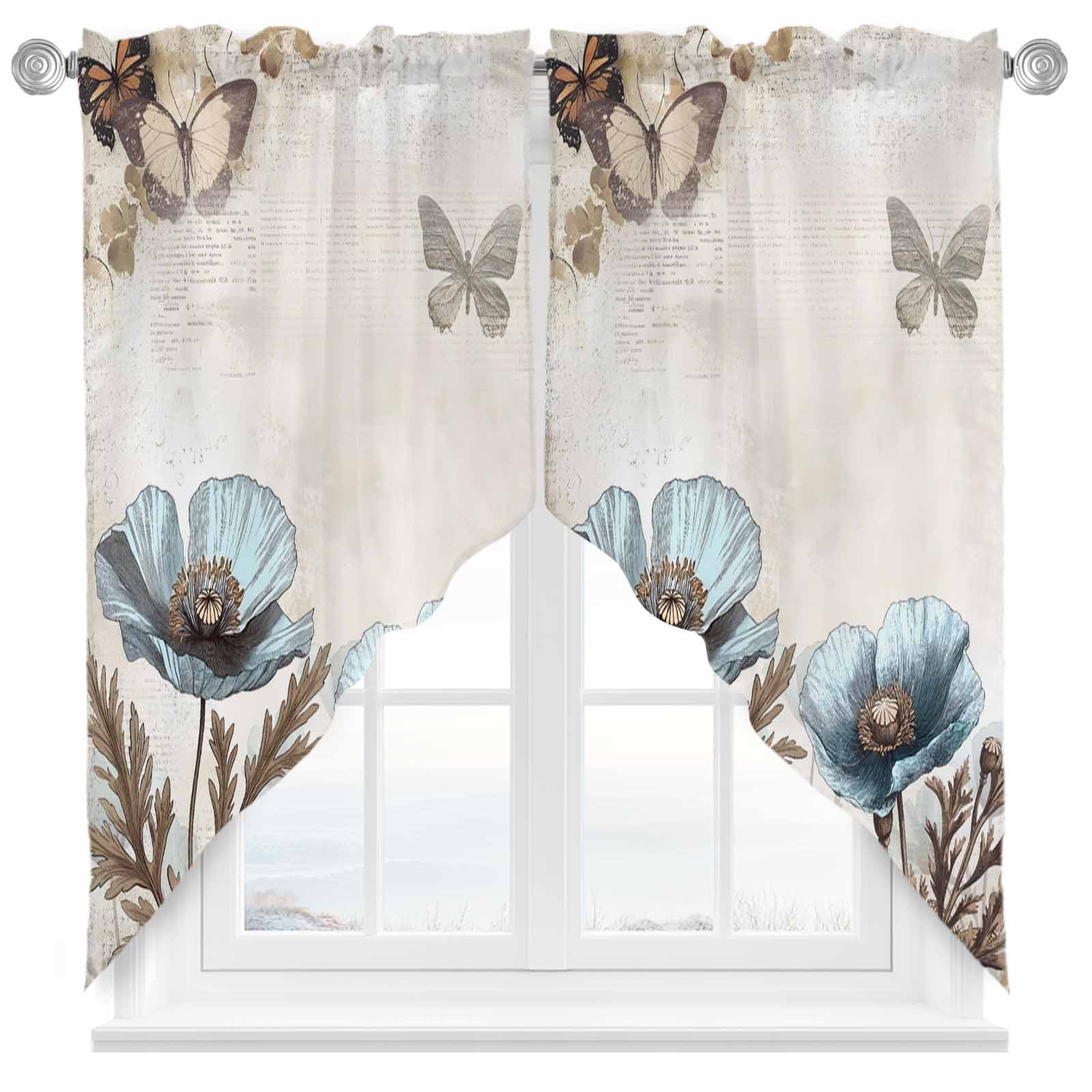 Vintage Poppy Butterfly Swag Valances for Windows 2 Pack Blue Flowers ...