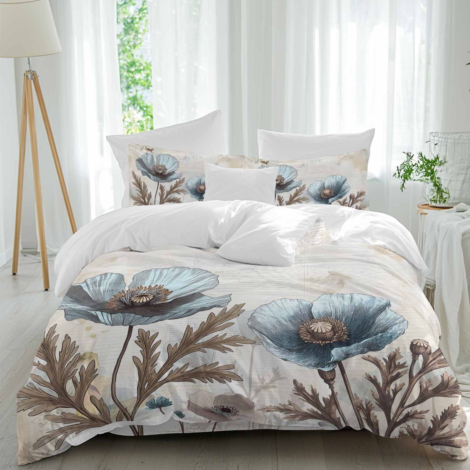 Vintage Poppy Duvet Cover Set Twin Size Blue Flowers Plant Soft ...