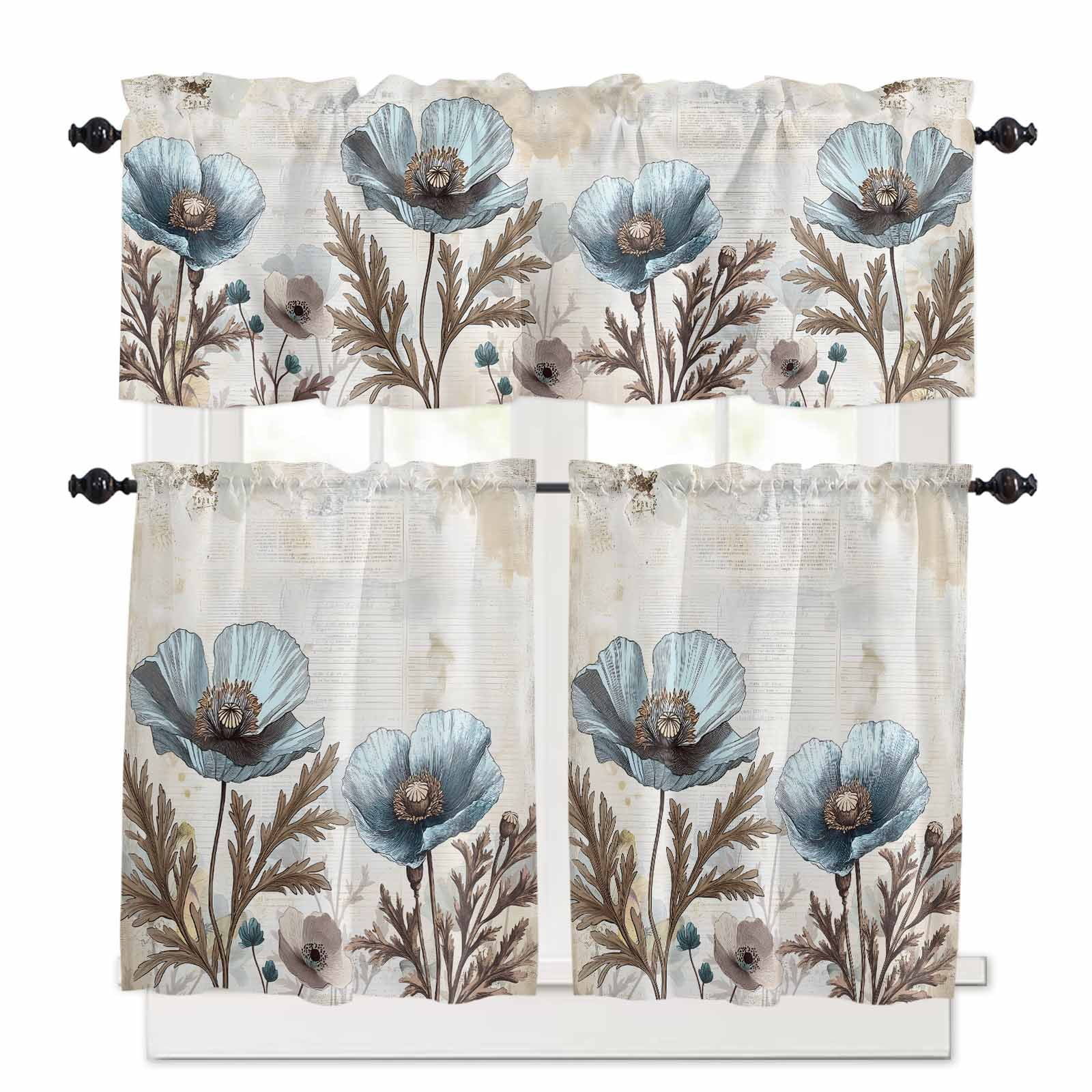 Vintage Poppy Kitchen Curtains and Valances Set, Blue Flowers Plant Rod ...