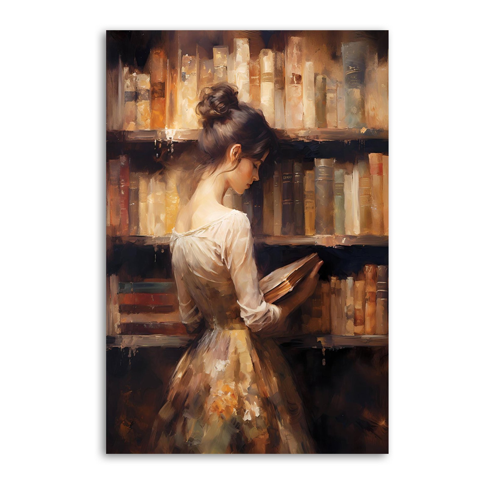 Vintage Portrait Oil Painting Retro Library Girl Reading Old Book ...