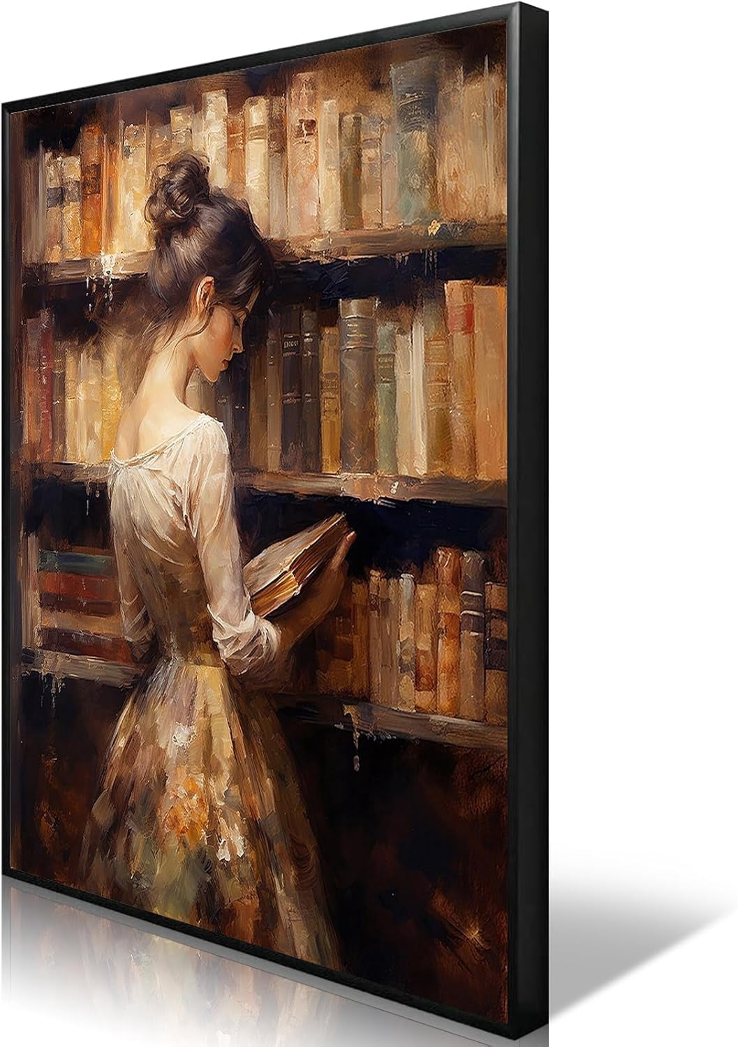 Vintage Portrait Oil Painting Wall Art Retro Library Girl Reading Old ...