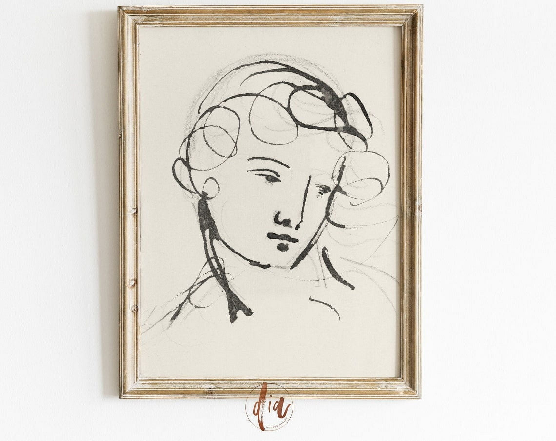 Vintage Portrait Sketch, Female Face Ink Drawing, Antique Line Art ...