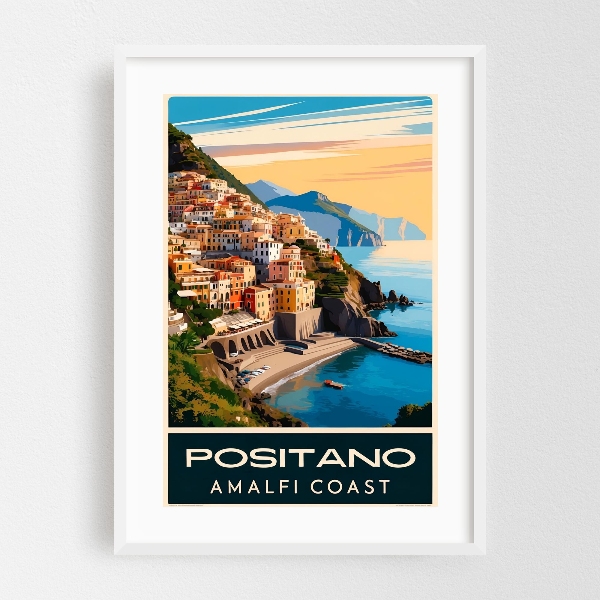 Vintage Positano Illustration: Sunset on the Amalfi - Positano Campania ...