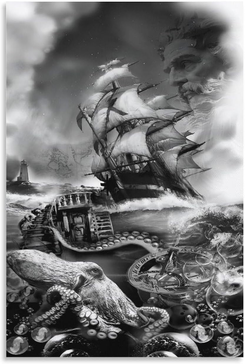 Vintage Poster, Pirate Ship Compass Map Black&white Wall Art Poster ...