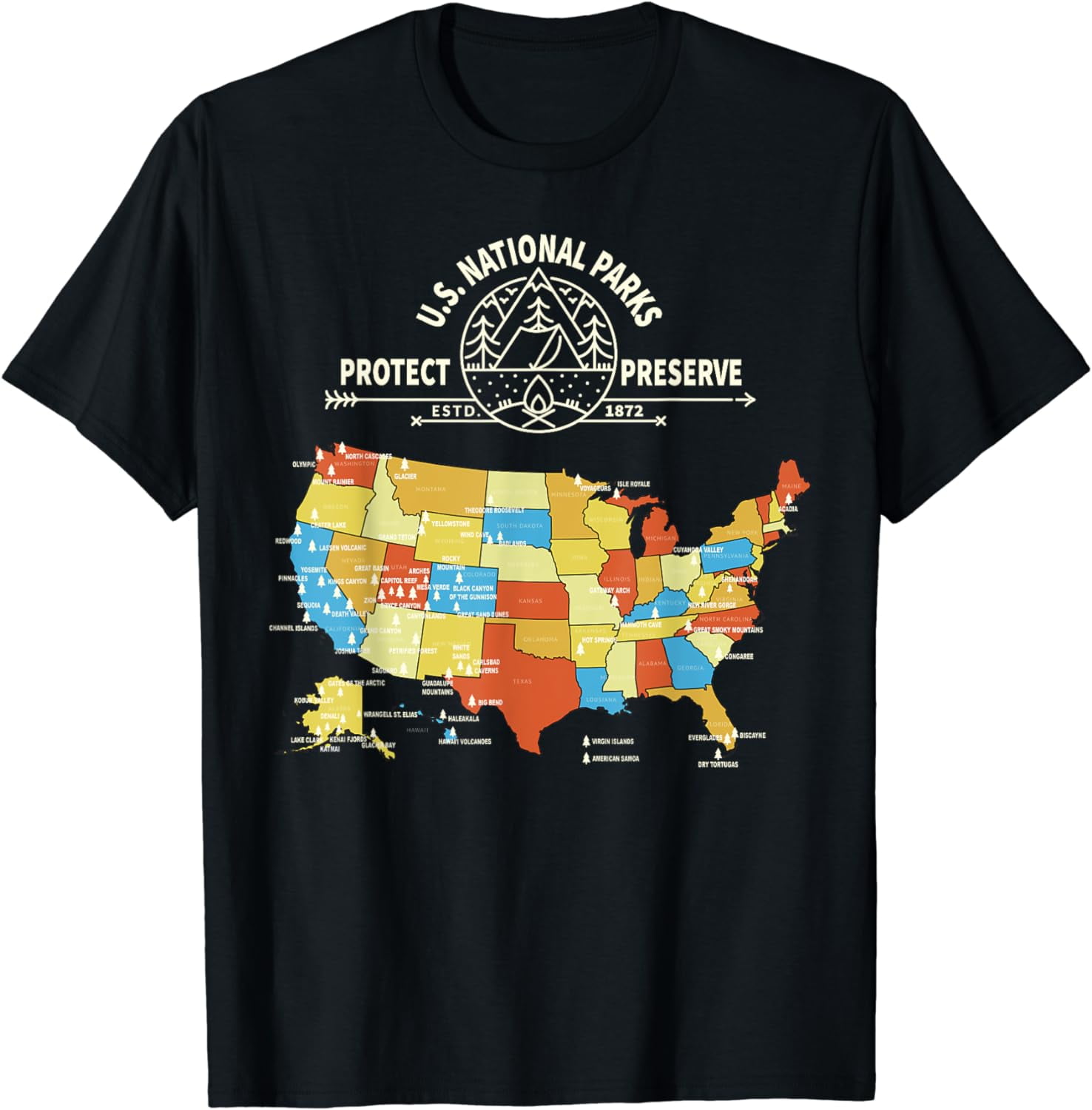 Vintage Preserve & Protect - All 63 US National Parks Map T-Shirt ...