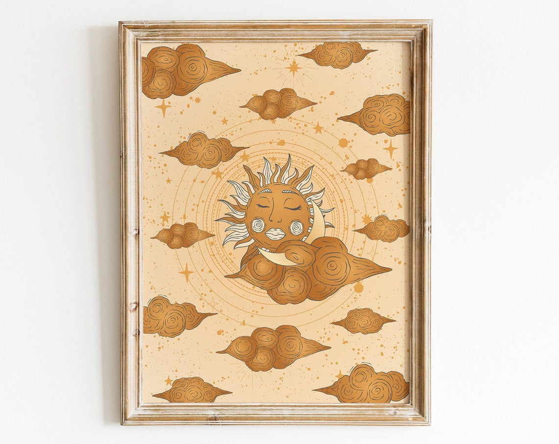 Vintage Print, Sun And Moon Print, Moon Poster, Sun Poster, Vintage ...