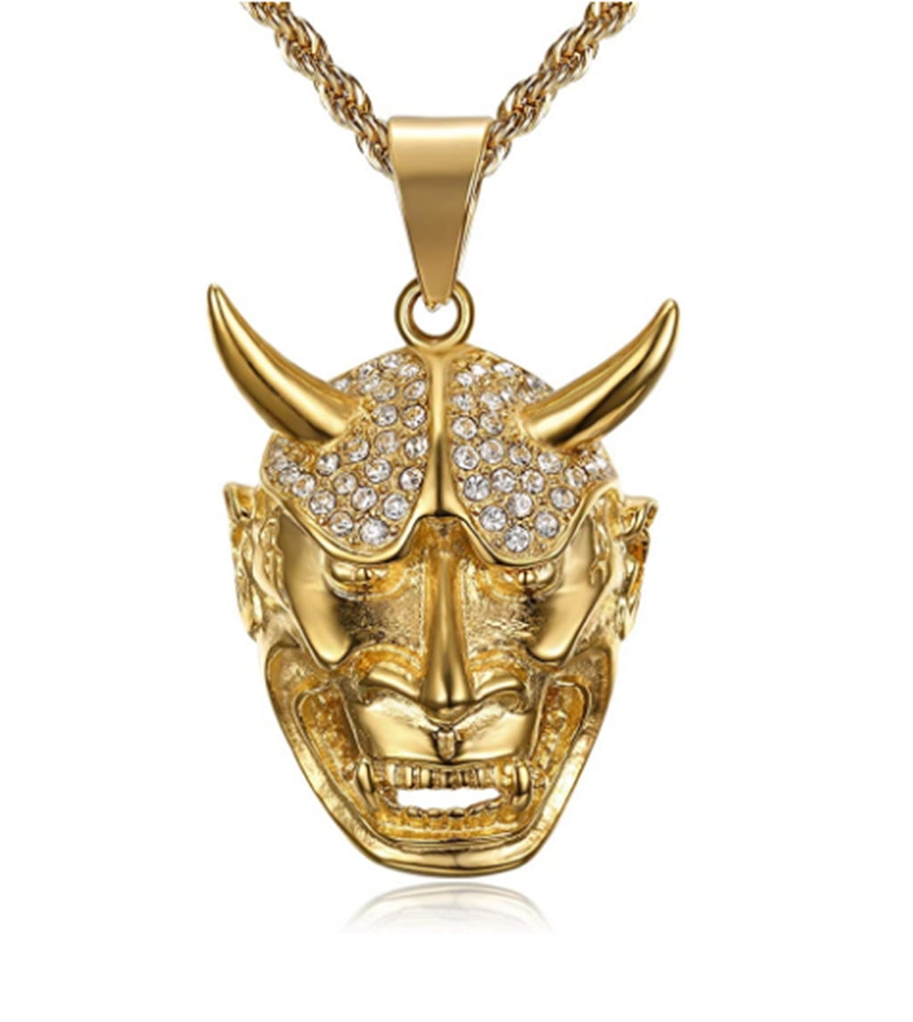 Vintage Punk Demon Mask Samurai Ghost 14K Yellow Gold Pendant Necklace ...