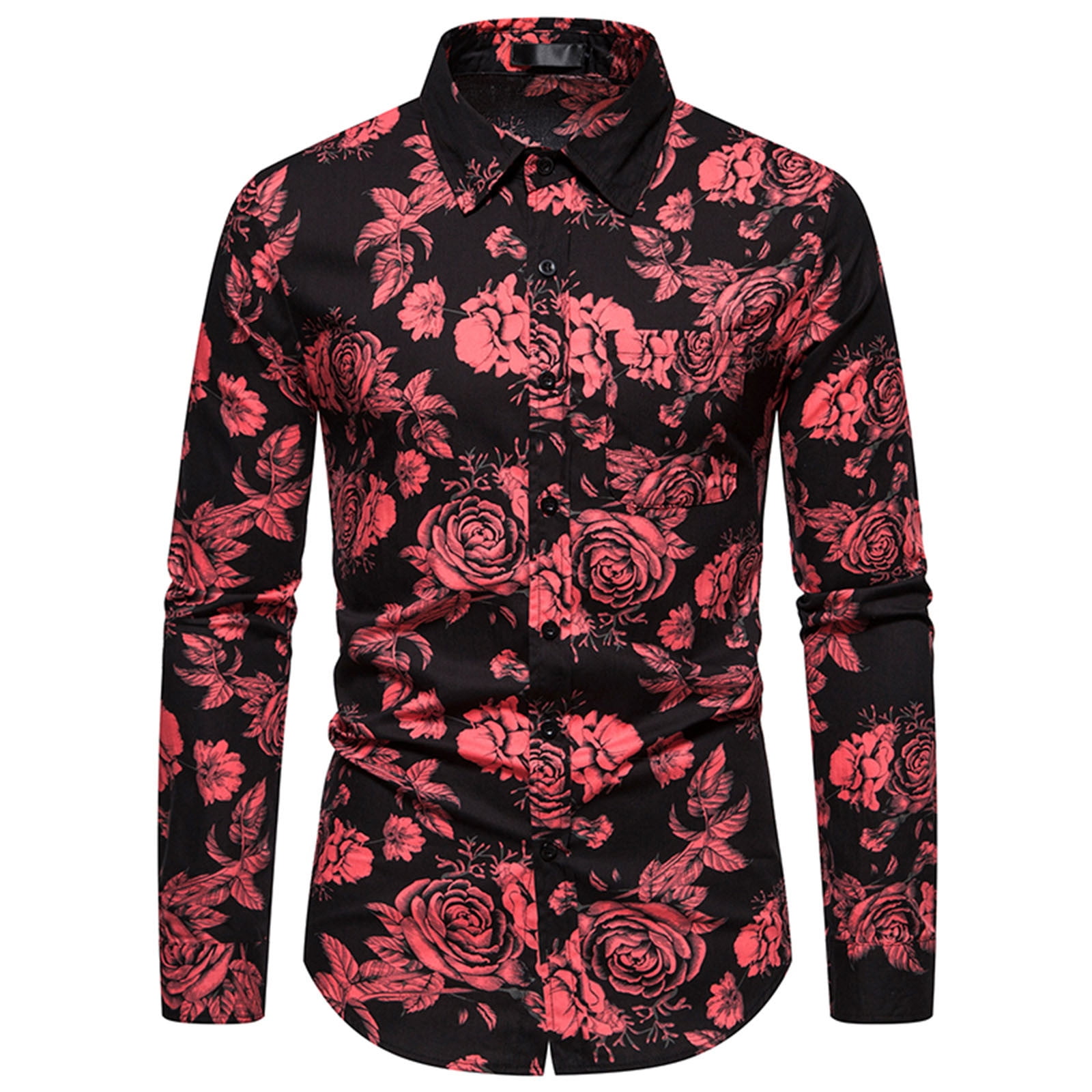 Vintage Punk Shirts for Men Rose Printed Long Sleeve Shirt Funky Hip ...