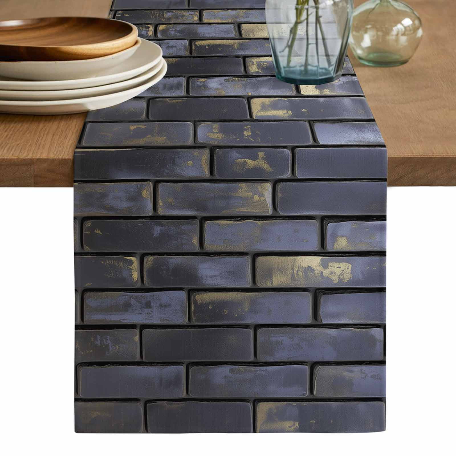 Vintage Purple Yellow Table Runner, Farmhouse Brick Wall Washable ...