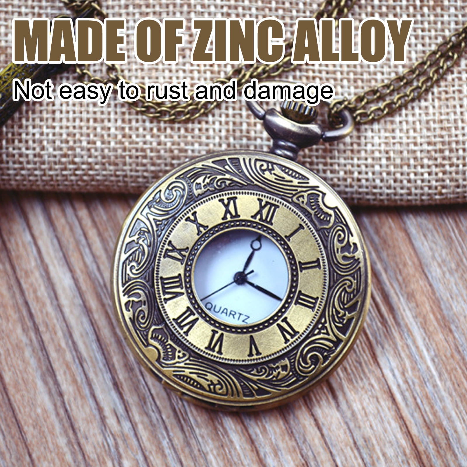 Vintage Quartz Pocket Watch with Chain, Bronze Hollow Design Roman ...