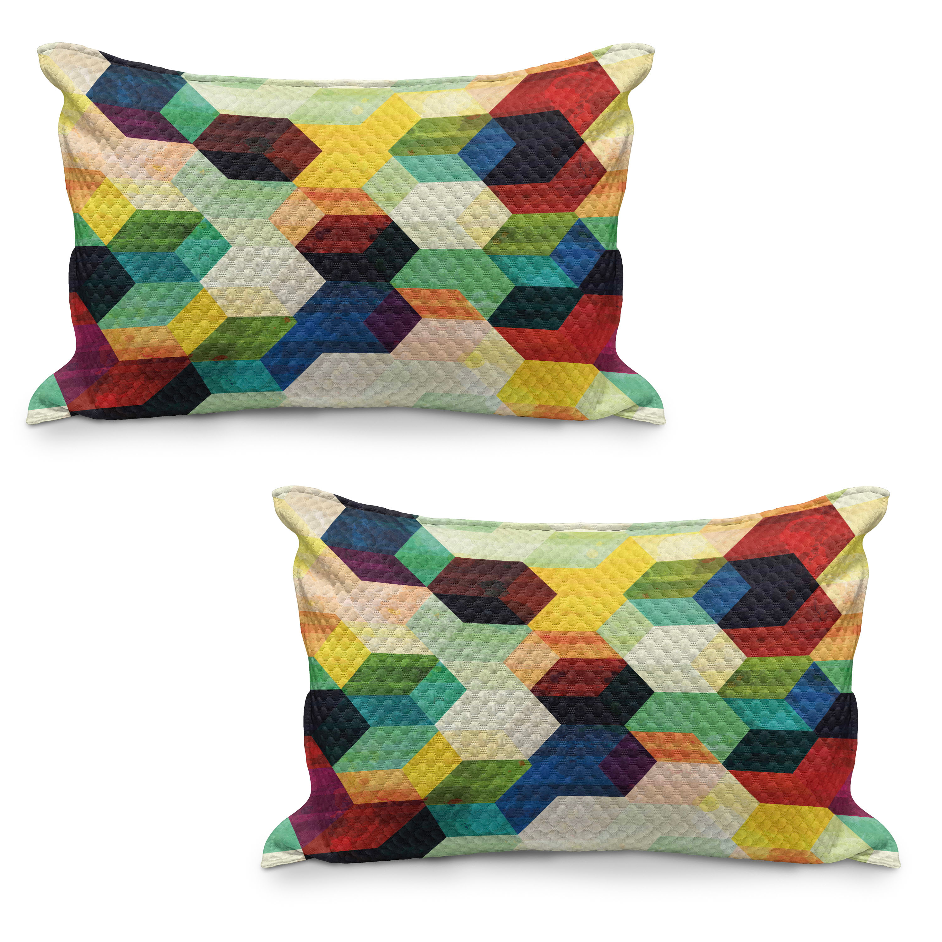 Vintage Quilted Pillowcover Set Of 2 Rhombus Pattern Grunge Effect Hexagonal Pattern Colorful