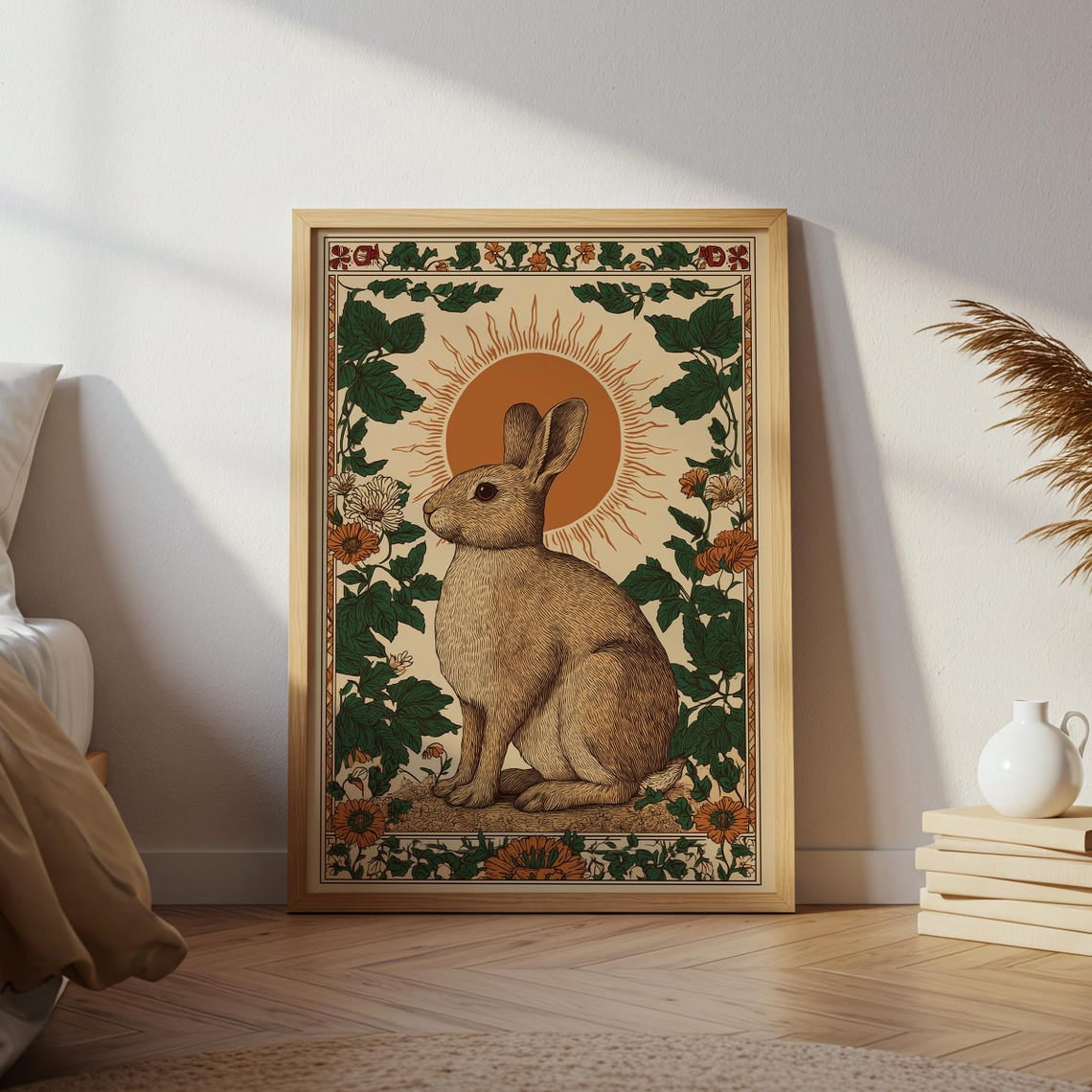 Vintage Rabbit Botanical Folk Art Cottagecore Wall Art, Unframed Canvas ...