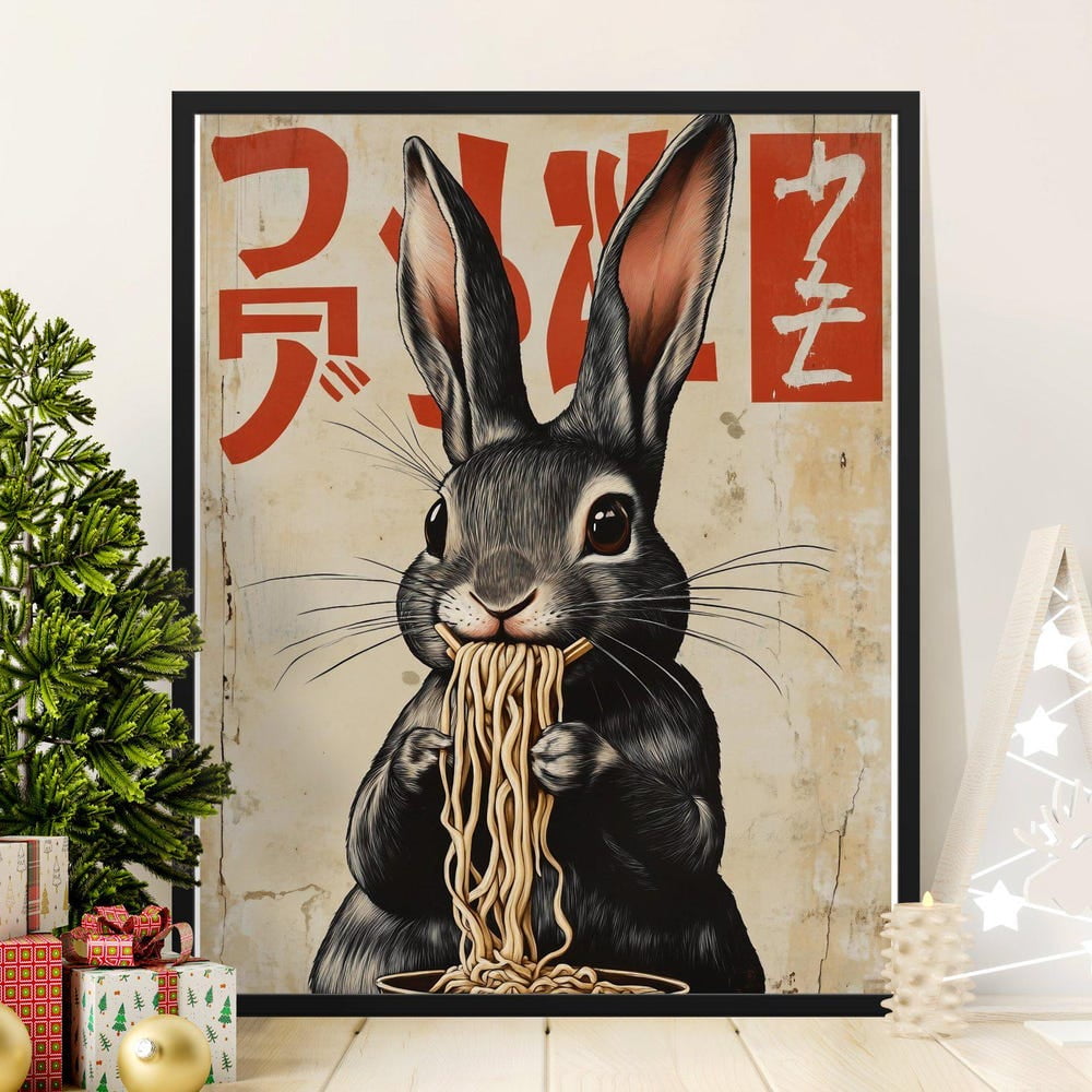 Vintage Rabbit Eating Noodles Poster, Cute Animal Wall Art, Retro ...