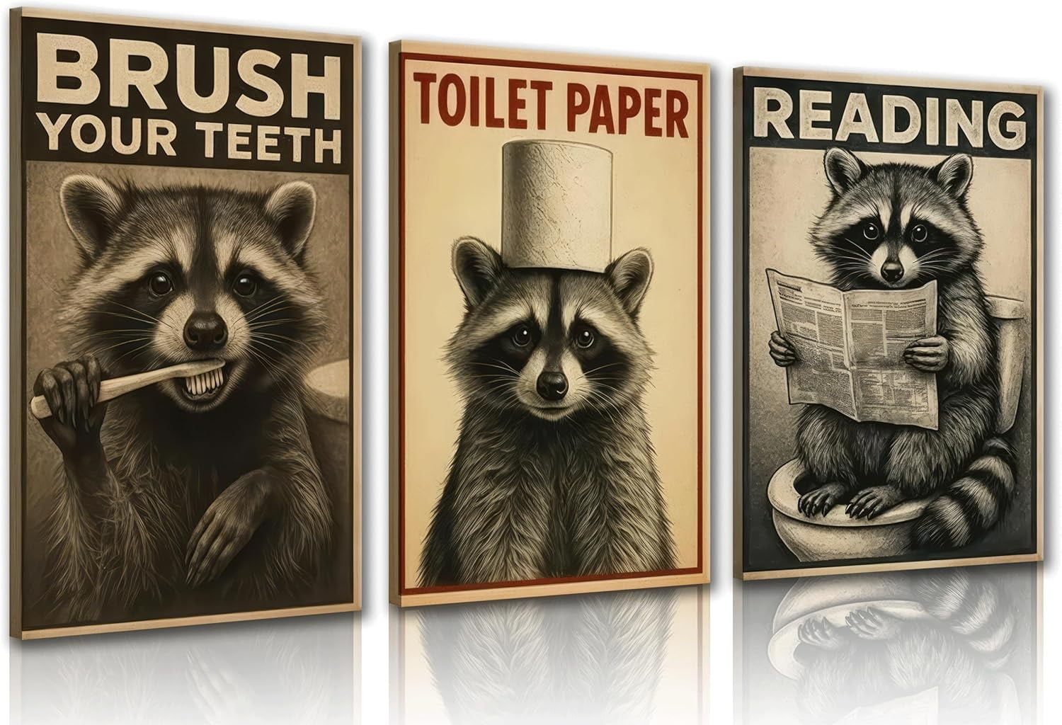 Vintage Raccoon Canvas Wall Art Raccoon Reading Newspaper And Brushing ...