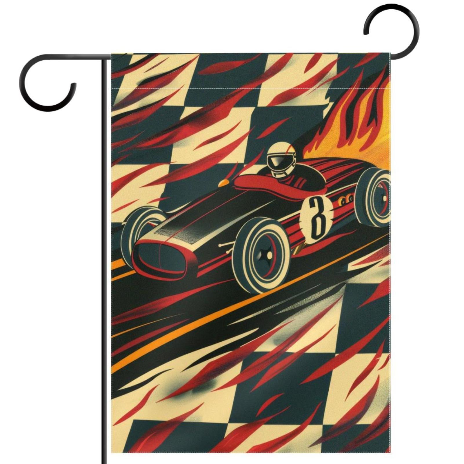 Vintage Race Car with Finish Line Flags Pilot and Flames Double Sided ...