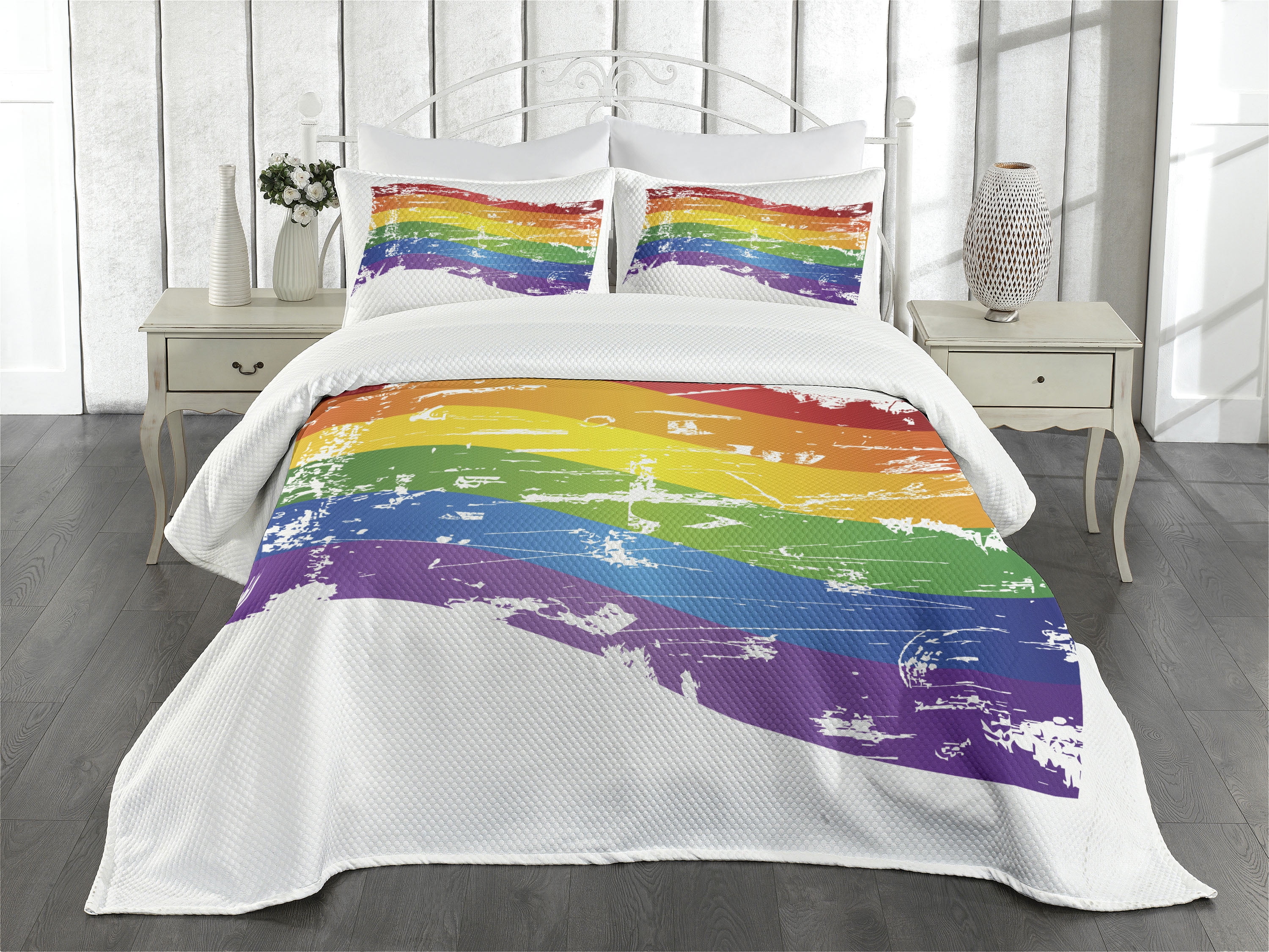 Vintage Rainbow Bedspread Set Queen Size Grunge Style Gay Pride Flag
