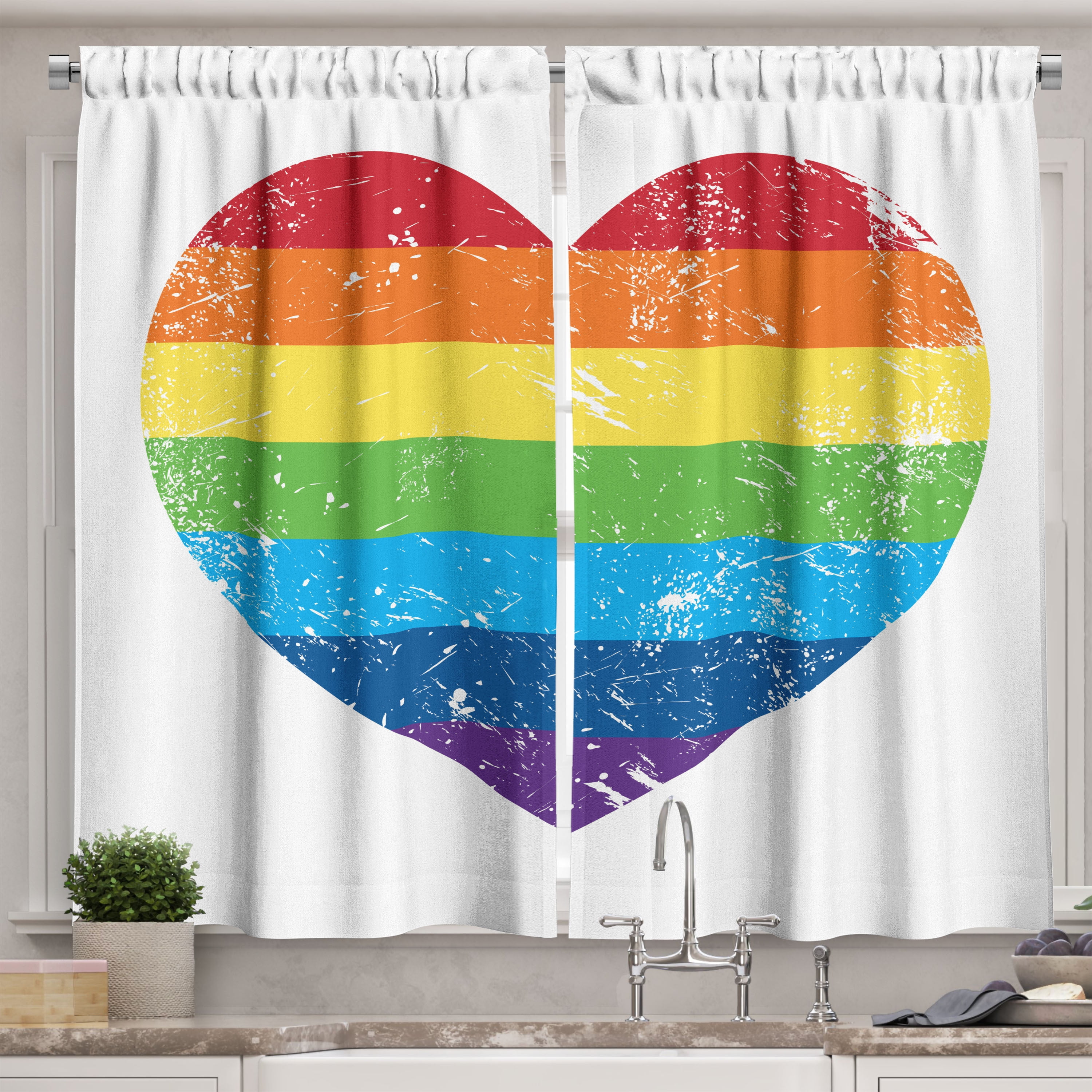 Vintage Rainbow Curtains 2 Panels Set Heart Shape With Lgbt Flag