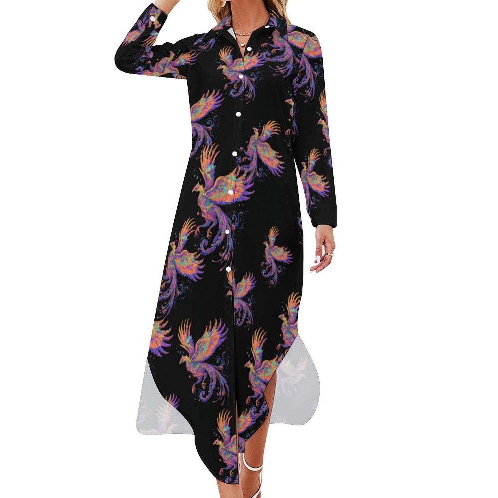 Vintage Rainbow Phoenix Women's Maxi T Shirt Dress Long Sleeve Lapel ...