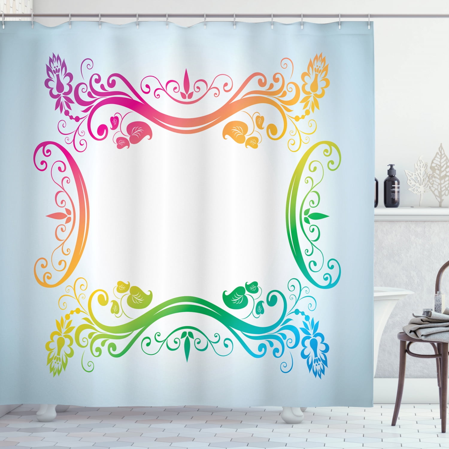 Vintage Rainbow Shower Curtain, Victorian Style Swirls Flowers and ...