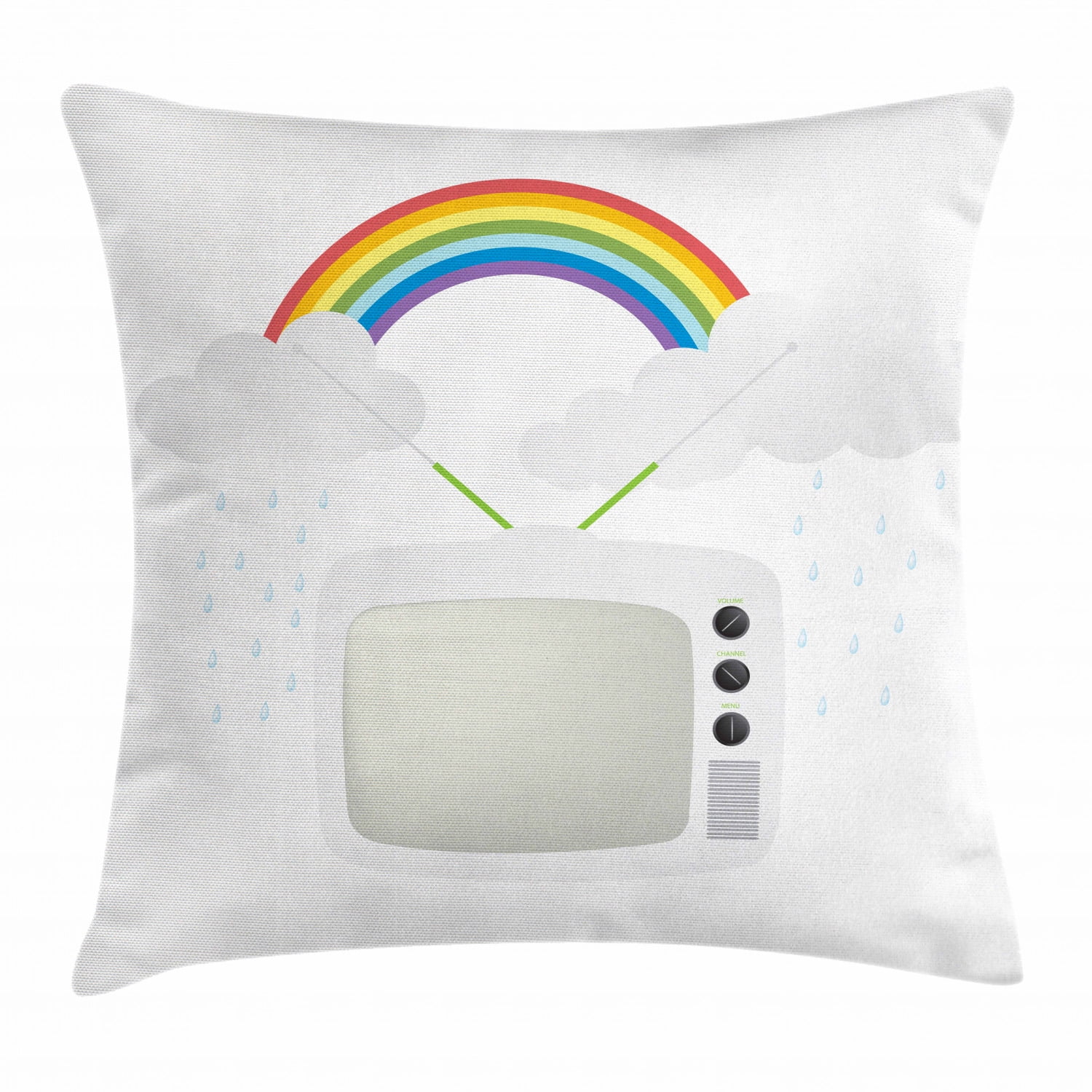 Vintage Rainbow Throw Pillow Cushion Cover, Old TV with Raining Clouds ...