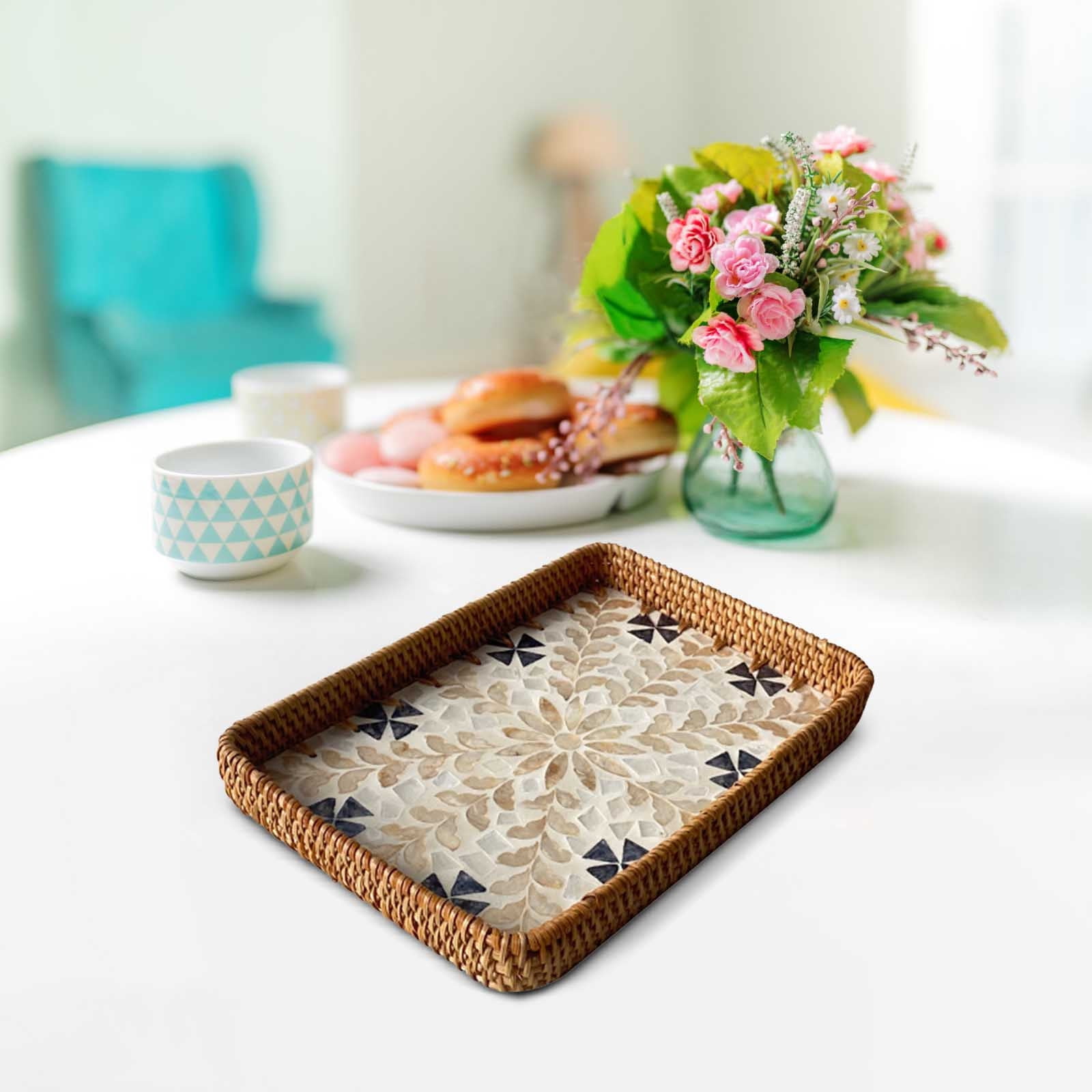 Vintage Rattan Tray with Shell Mosaic, Decorative Tray and Serving Tray ...