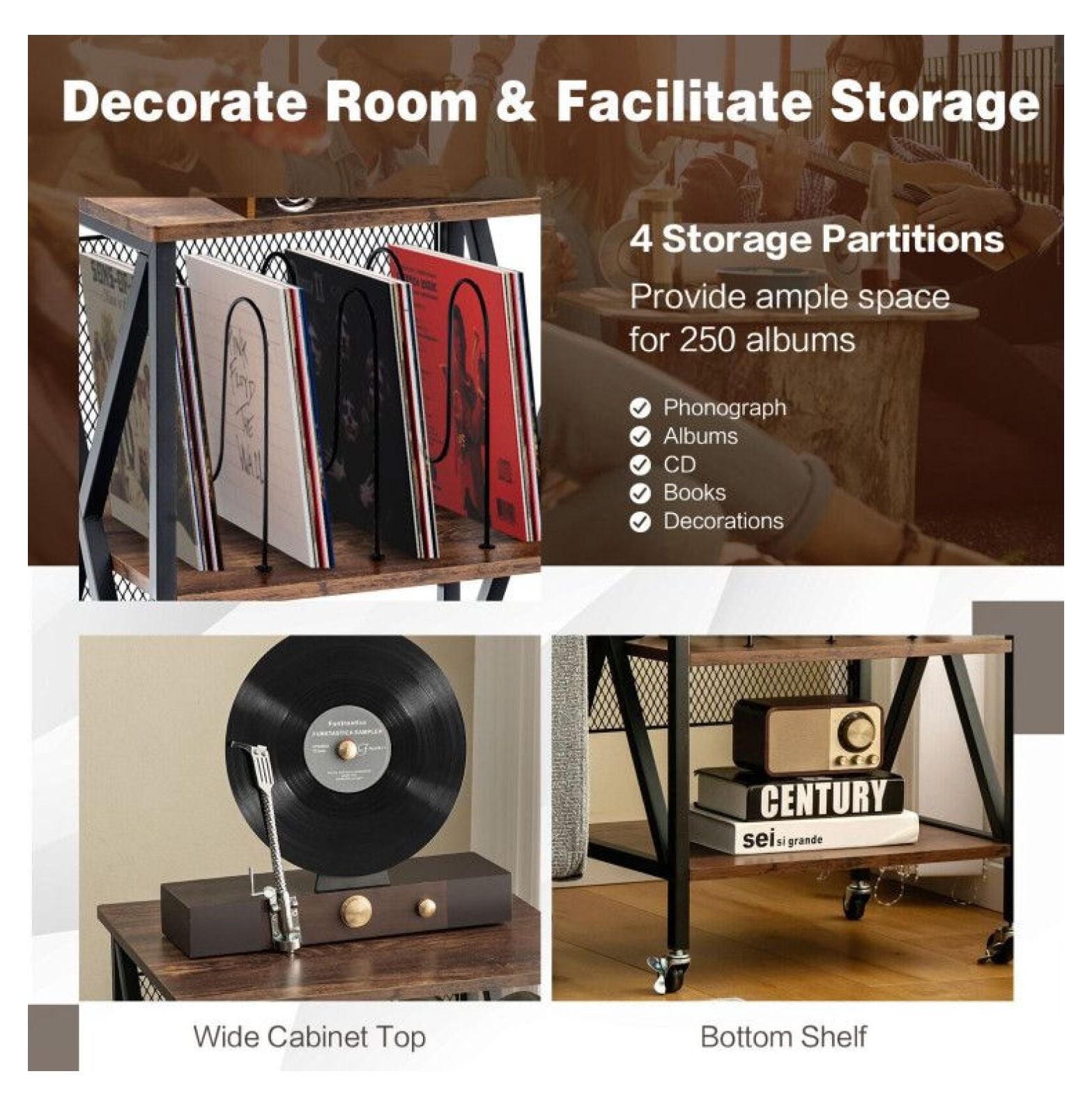 Vintage Record Player Stand - 3 Tier Vinyl Storage Cabinet w/ Dividers ...