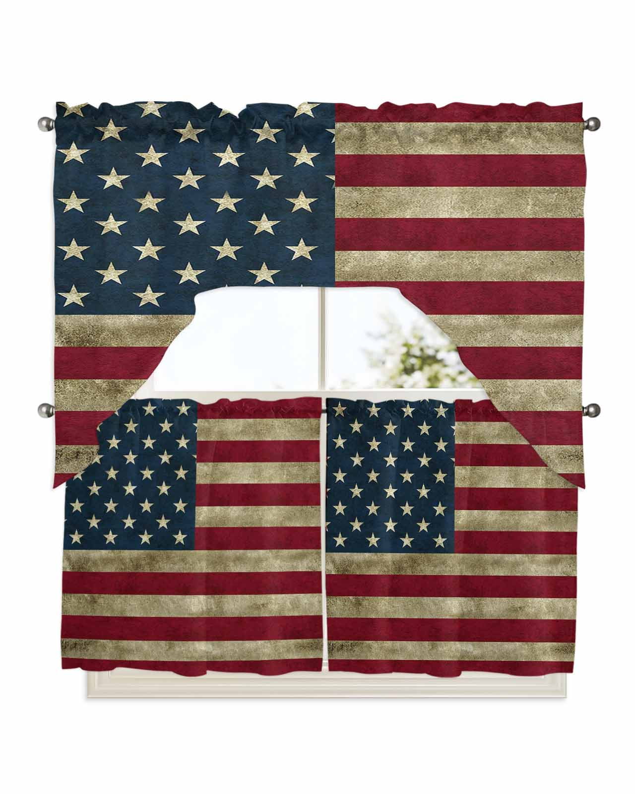 Vintage Red American Flag Kitchen Curtains Swag Valance and Tier ...