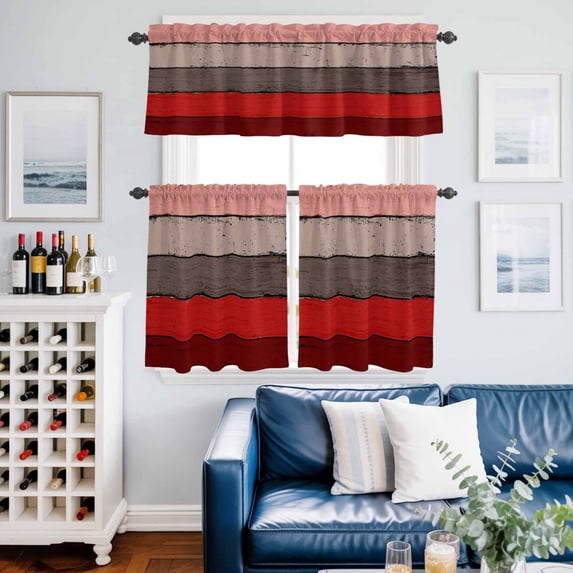 Vintage Red Brown Wood Grain Curtain Tier and Valance Set 3 Piece ...