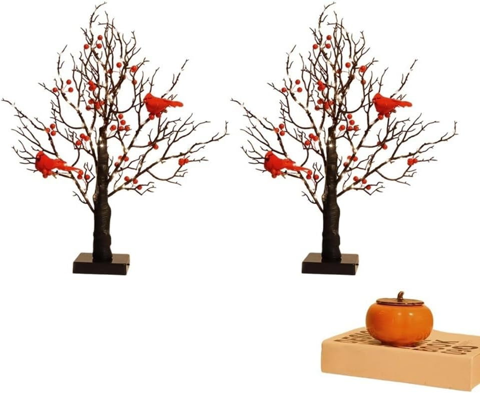 Vintage Red Cardinal Lighted Christmas Tree, 21-inch, Birch Bonsai ...