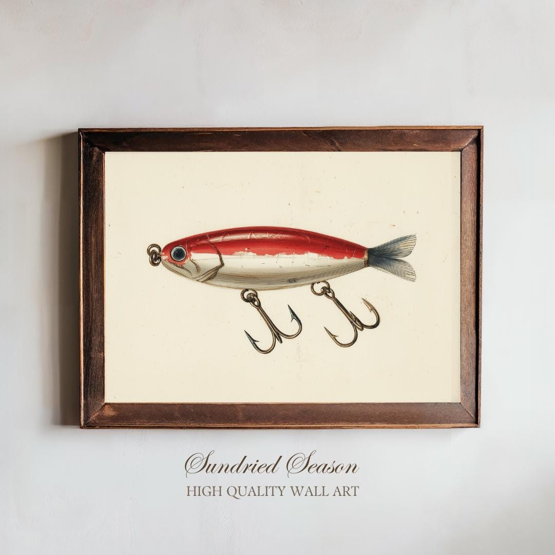 Vintage Red Fishing Lure Art Print, Classic Treble Hook Bait ...