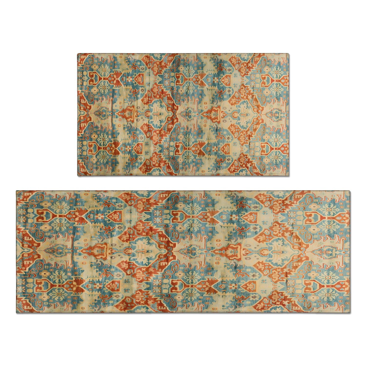 Vintage Red Floral Boho Kitchen Rug Set, Non-Skid & Washable Runner Mat ...