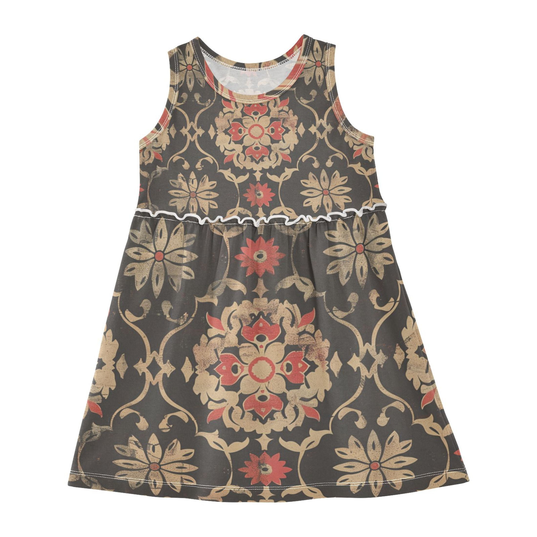 Vintage Red Gold Flower Pattern Girls' Sleeveless Dress A-Line One ...