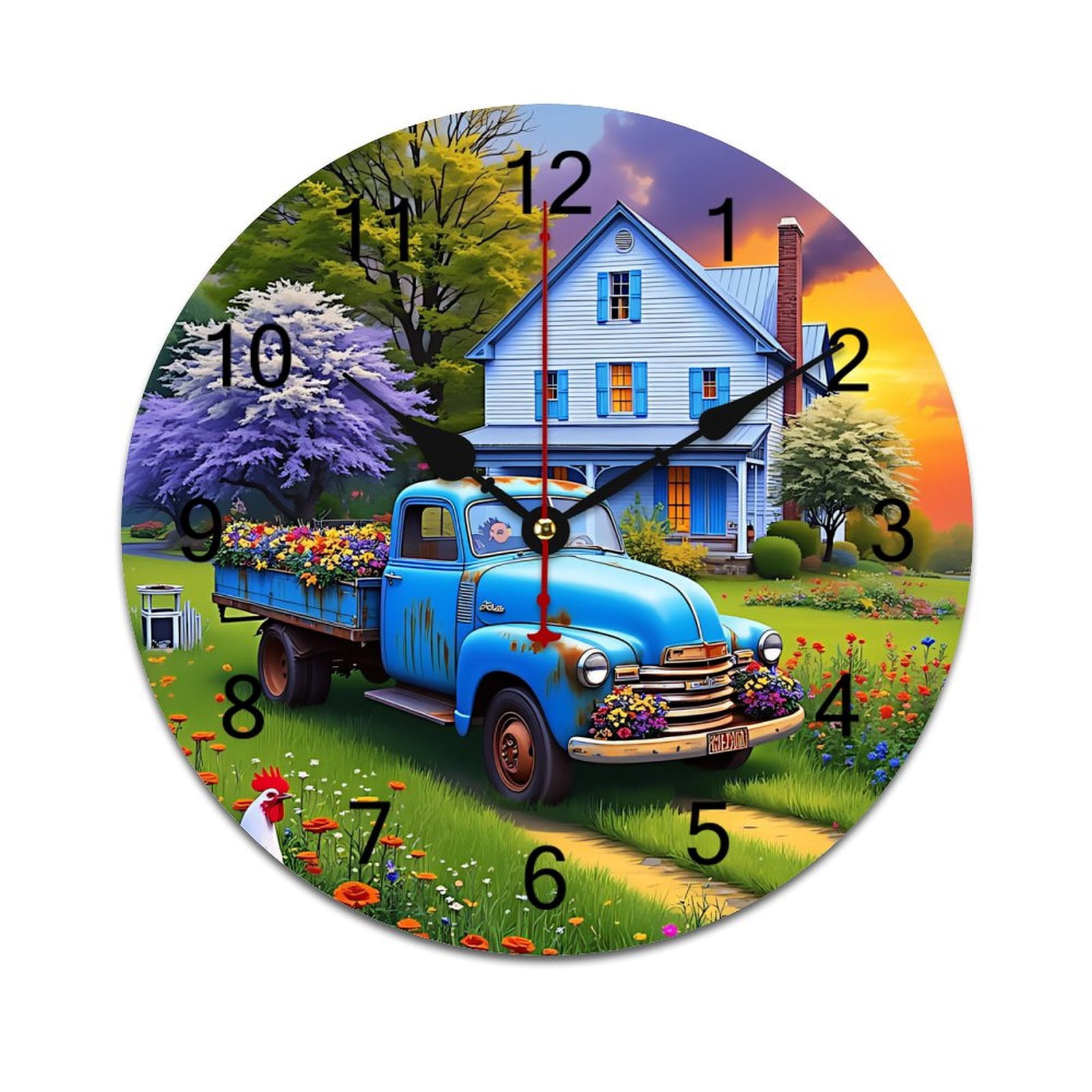 Vintage Red Pickup Truck Flowers Time Decorative Wall Clocks Round ...