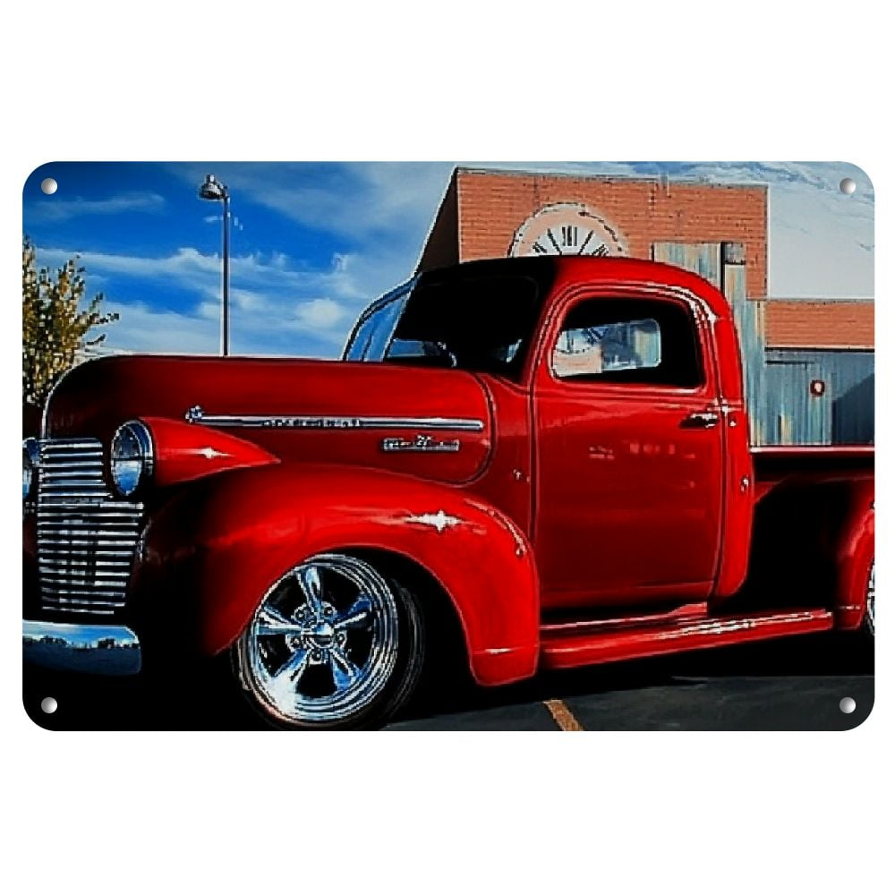 Vintage Red Pickup Truck Metal Wall Art, Classic Car Iron Painting ...