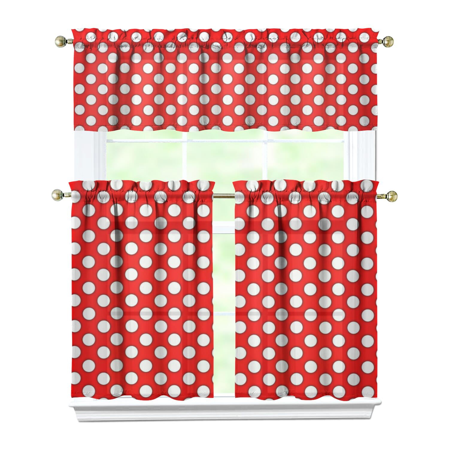 Vintage Red Polka Dots Kitchen Curtains with Valance - 3 PC Farmhouse ...