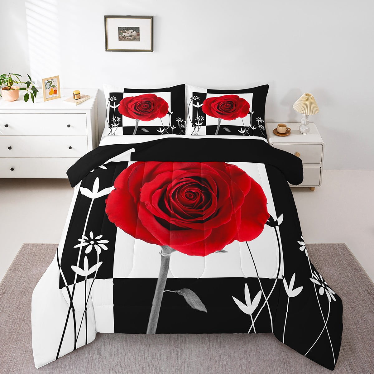 Vintage Red Rose Comforter Set, Red And Black Rose Floral Bedding ...