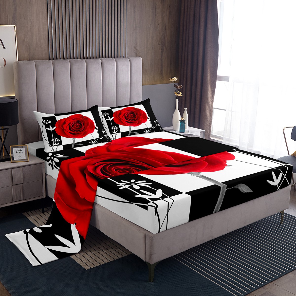 Vintage Red Rose Sheet Set Queen, Red And Black Rose Floral Bed Sheets ...