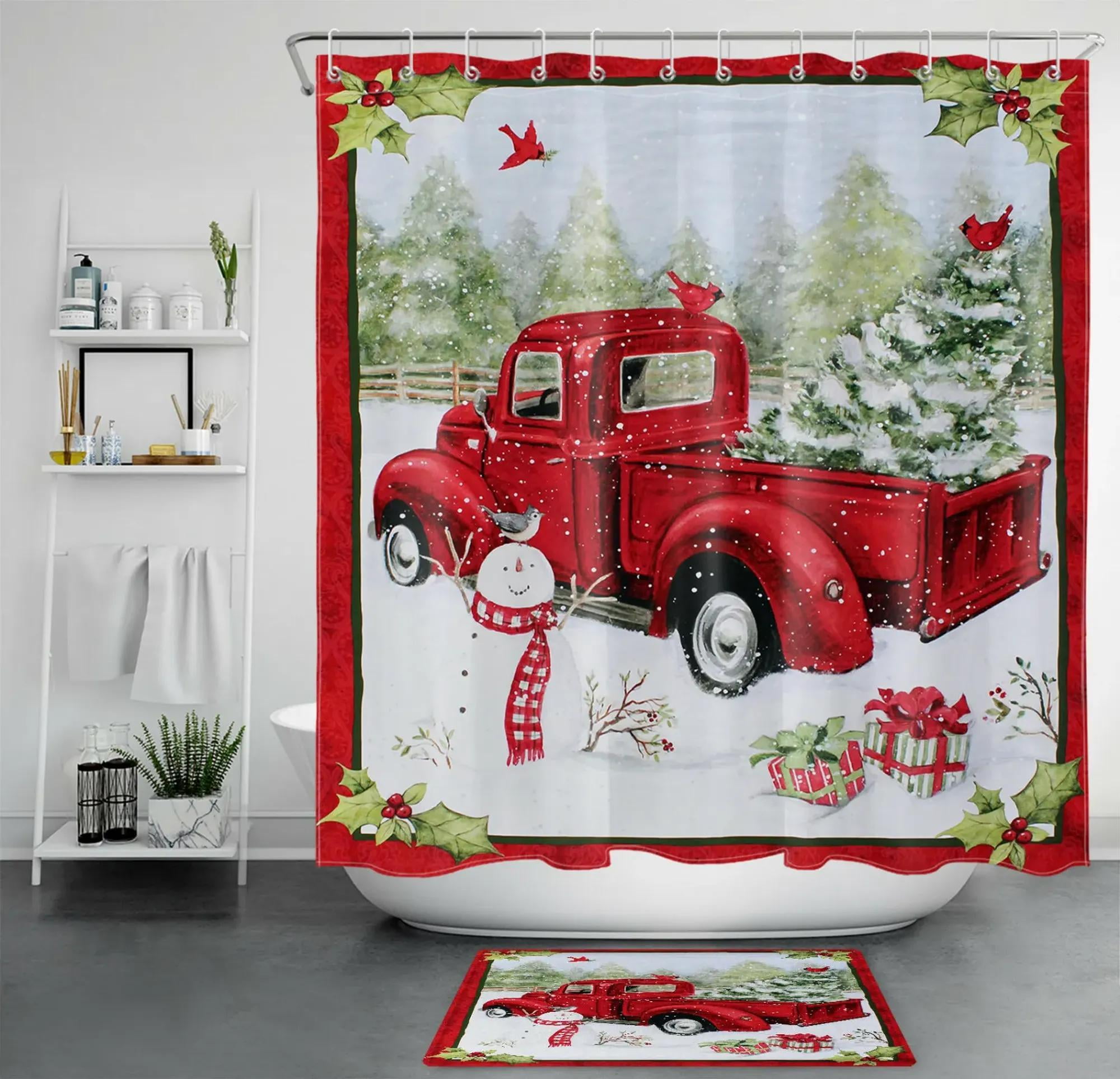 Vintage Red Truck Christmas Shower Curtain Set With Snowman And Pine