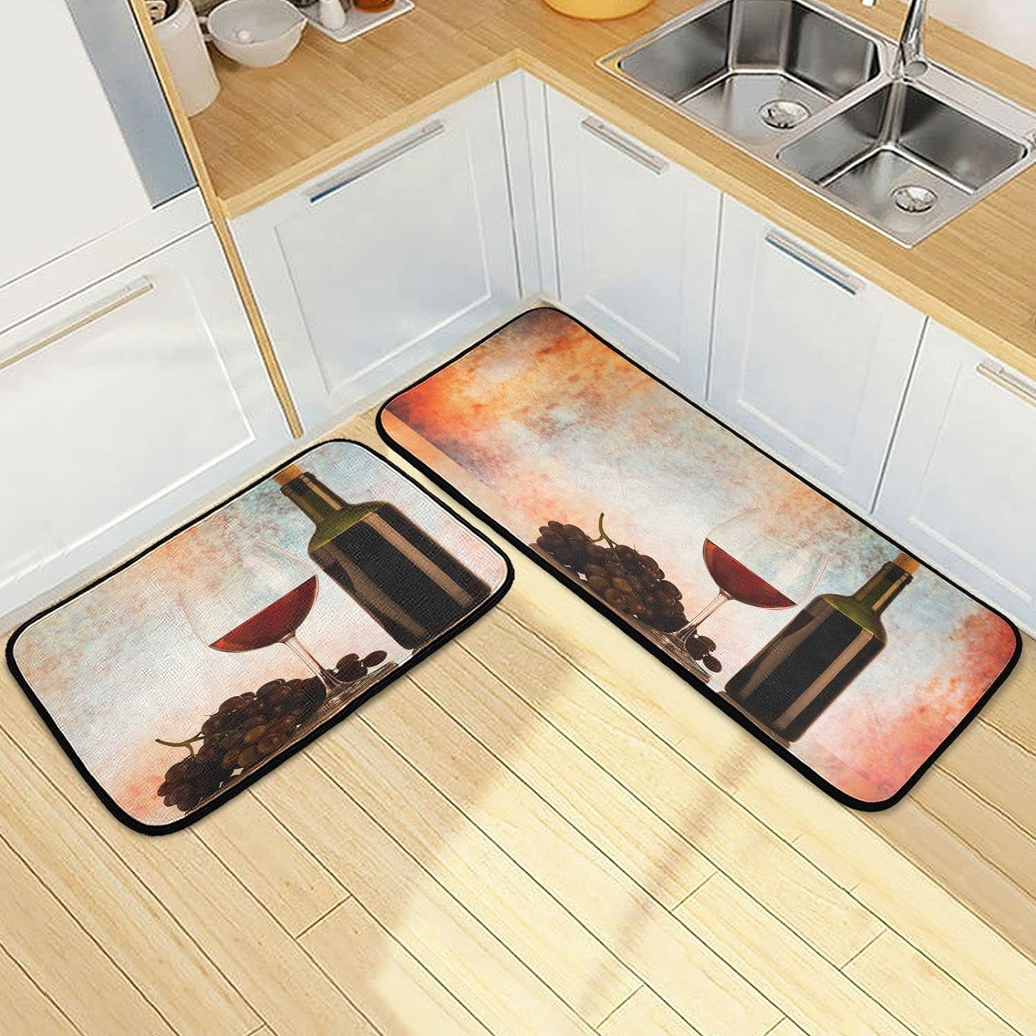 Vintage Red Wine Kitchen Rugs 2 Pieces, Bottle with Grapes Floor Mat ...