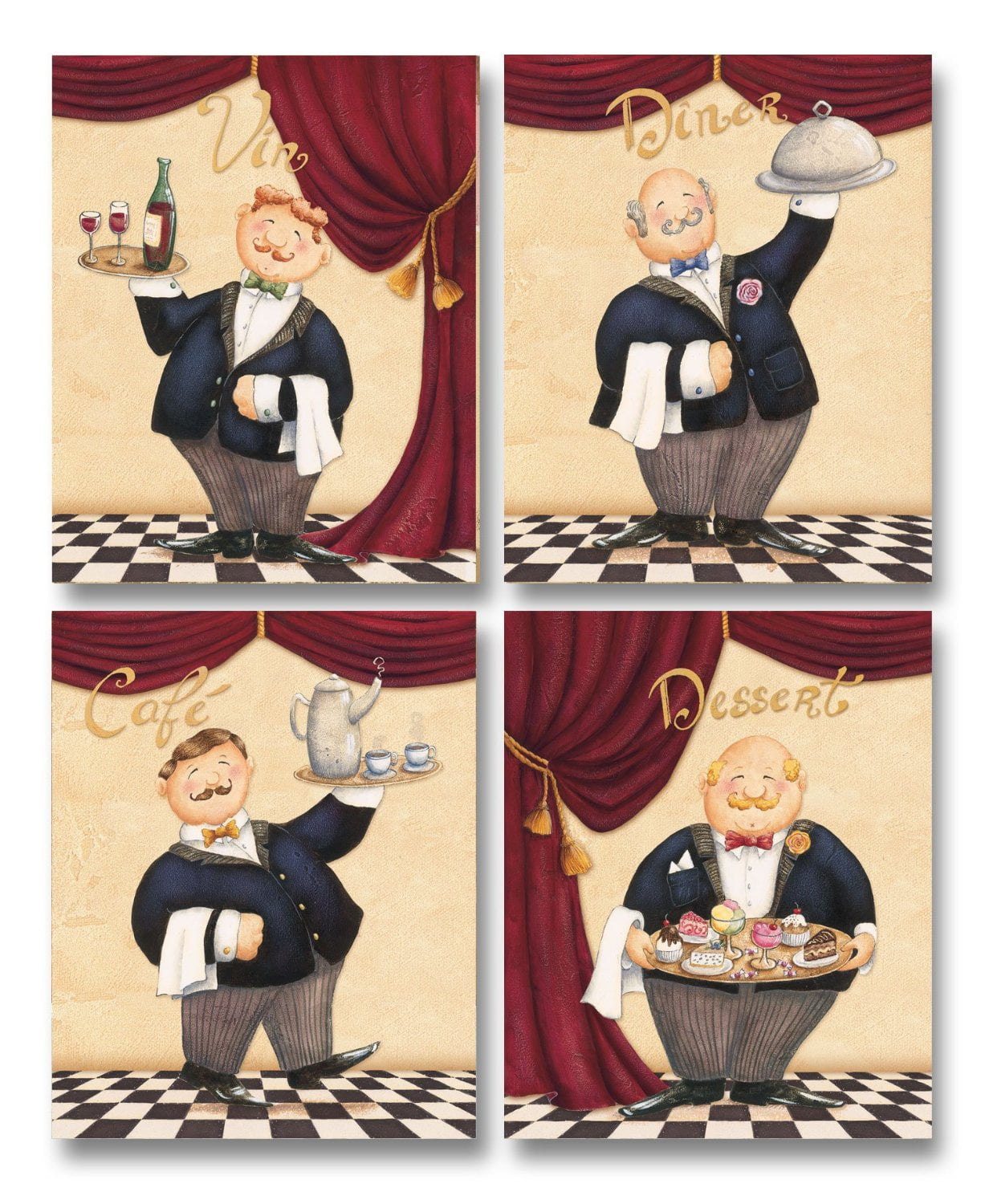 Vintage Red and Black French Waiter Kitchen Adult Decor; 4 - 11" x 14 ...