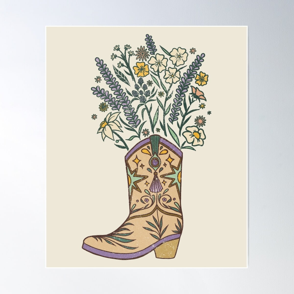 Vintage Retro Floral Cowgirl Boot Poster Wall Art, Modern Wall Decor ...