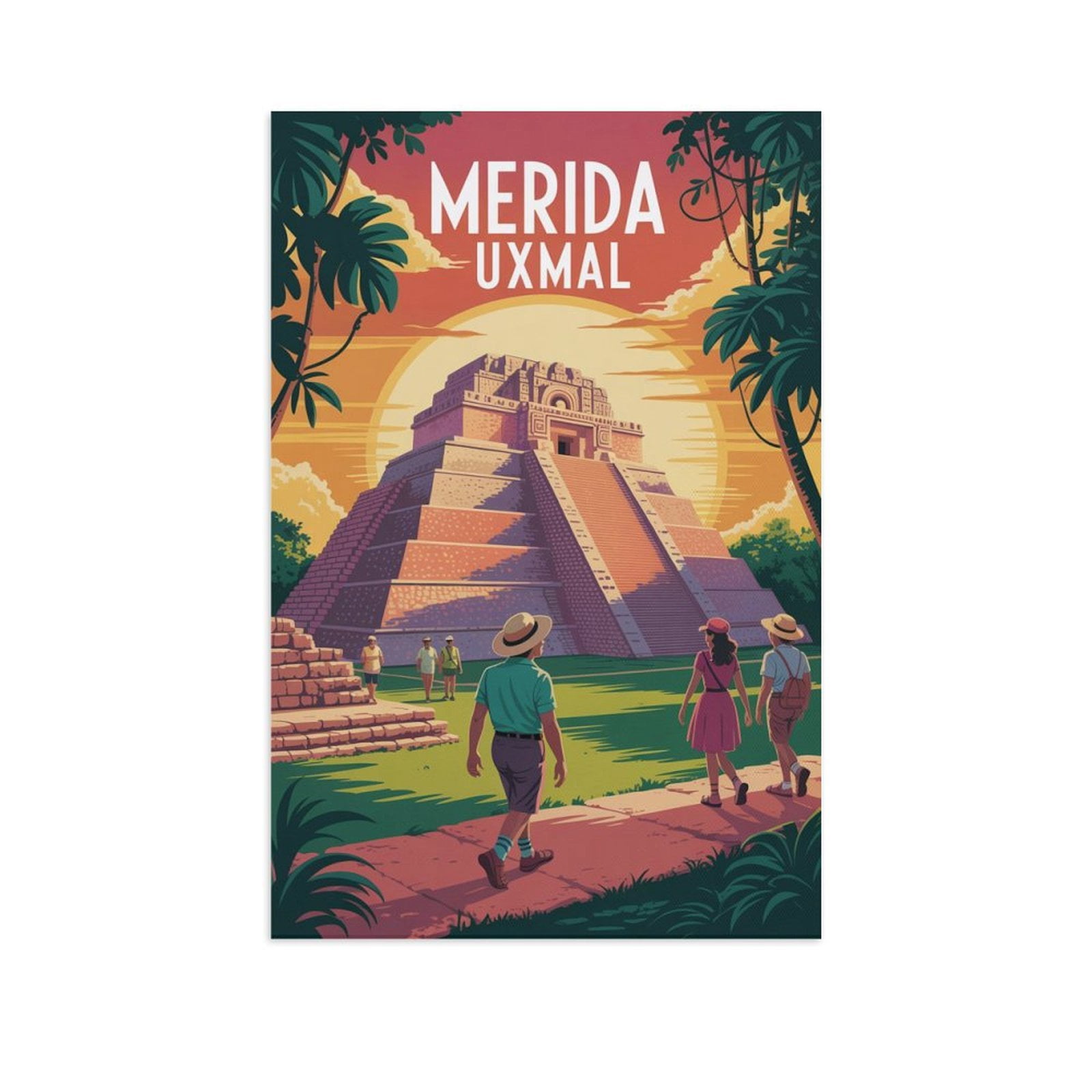 Vintage Retro Travel Poster Wall Art Uxmal Pyramid Merida Mexico Sunset ...