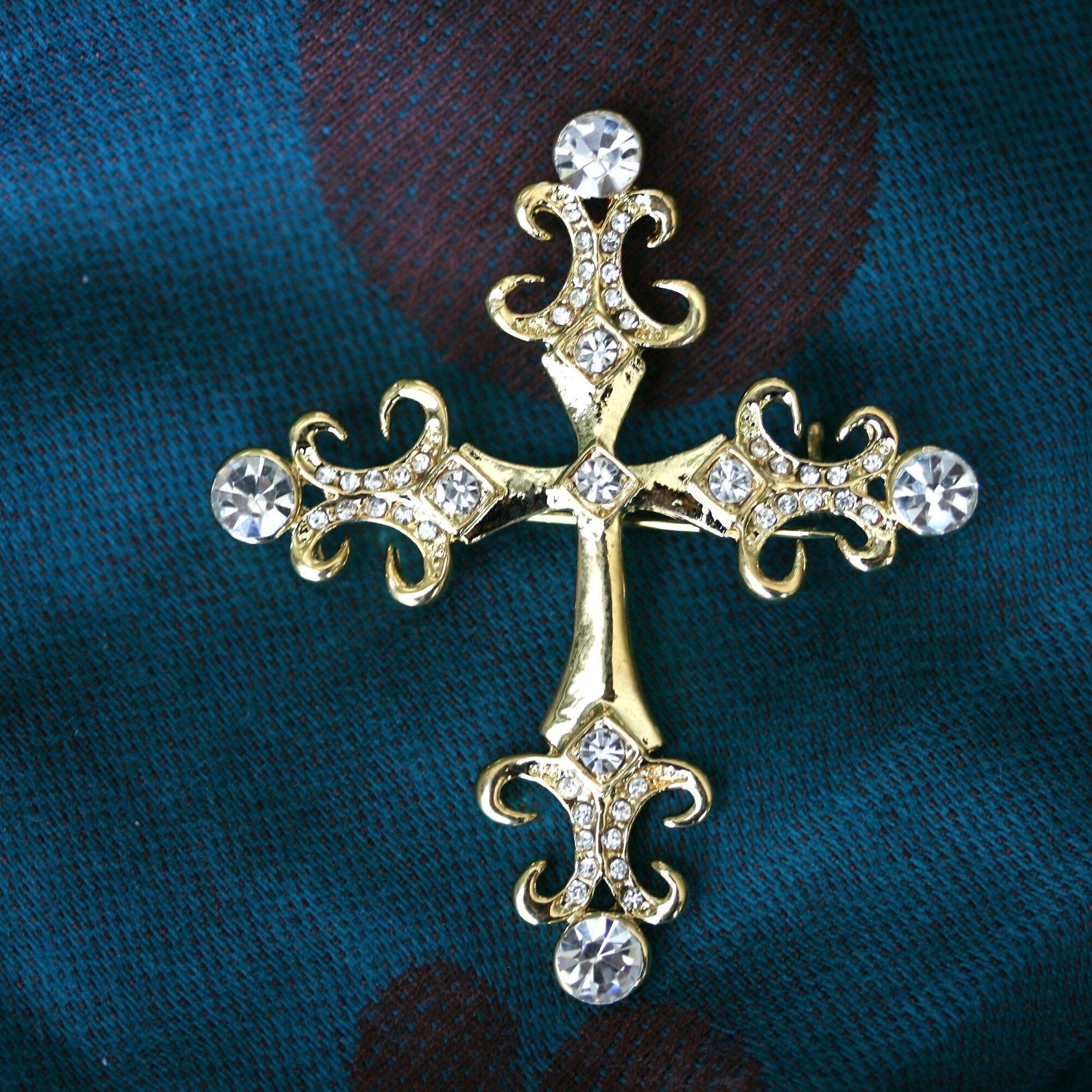 Vintage Rhinestone Cross Brooch, Gold Cross Pin, Silver Cross Pin ...