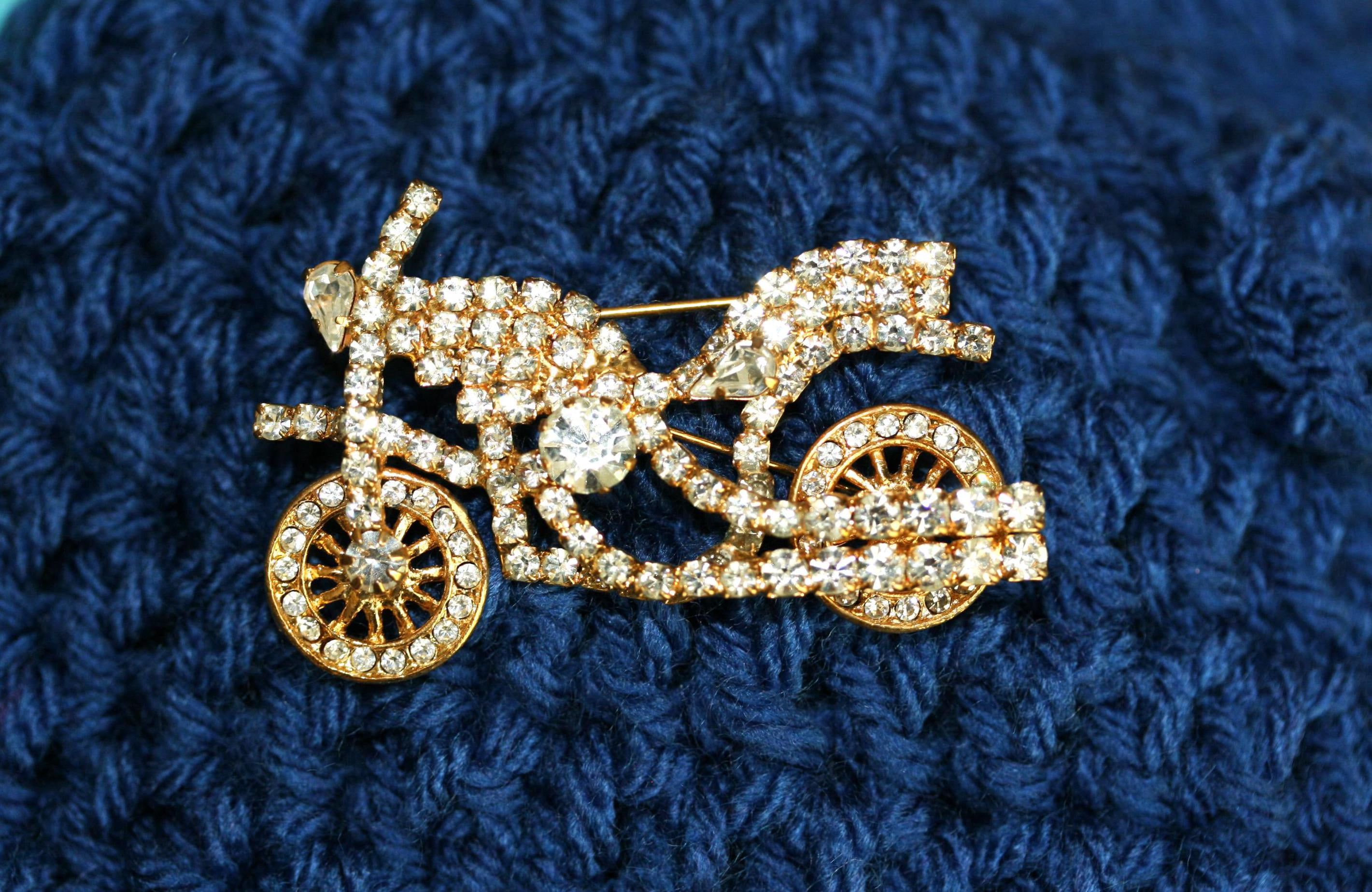 Vintage Rhinestone Motorcycle Spinning Wheels Gold Tone Brooch ...