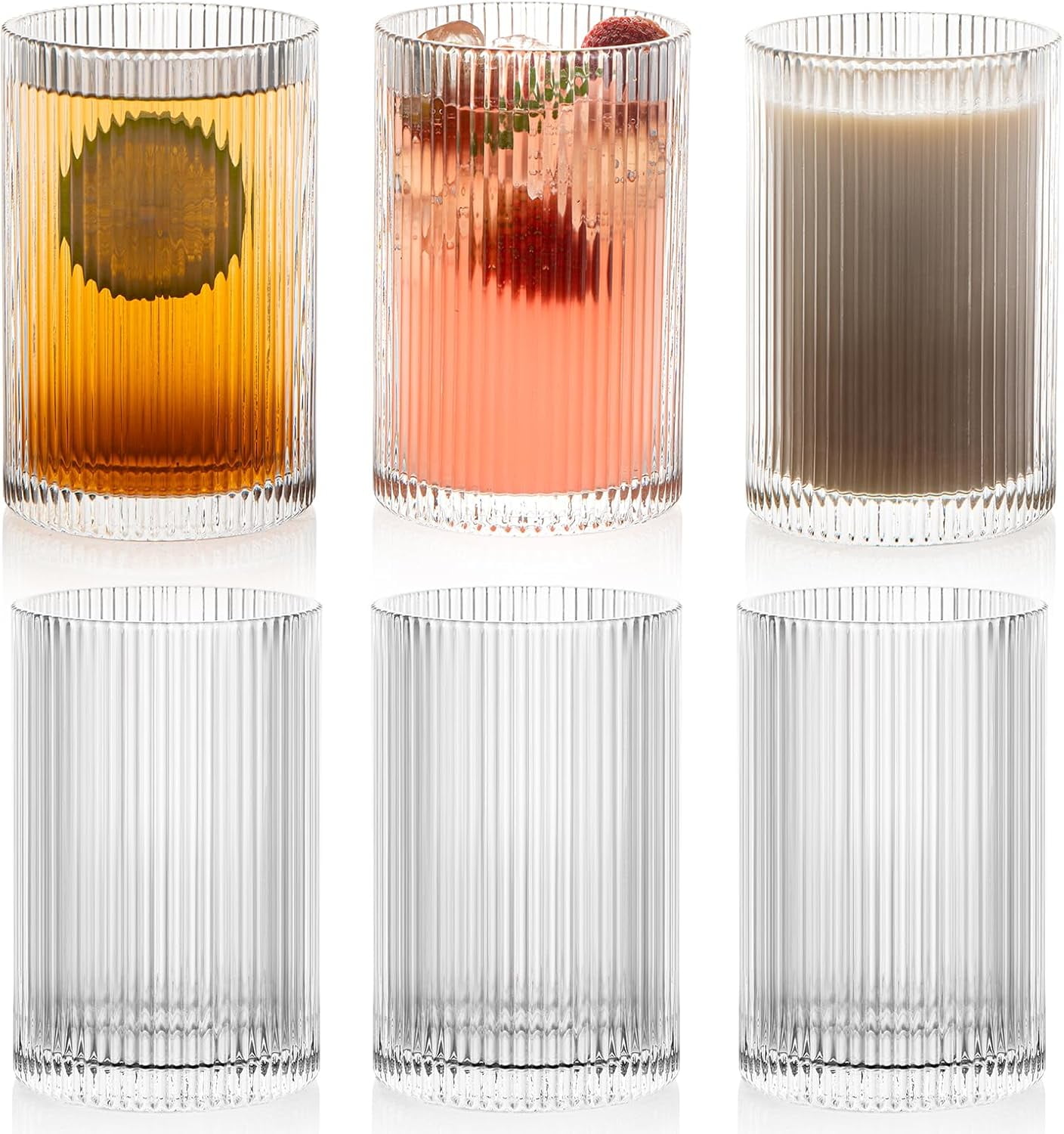 Vintage Ribbed Glassware Set: 6 Pieces 16.9oz XL Drinking Glasses ...