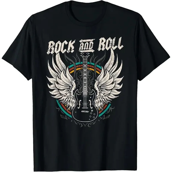 Vintage Rock and Roll Winged Guitar Graphic Unisex Short Sleeve Casual ...